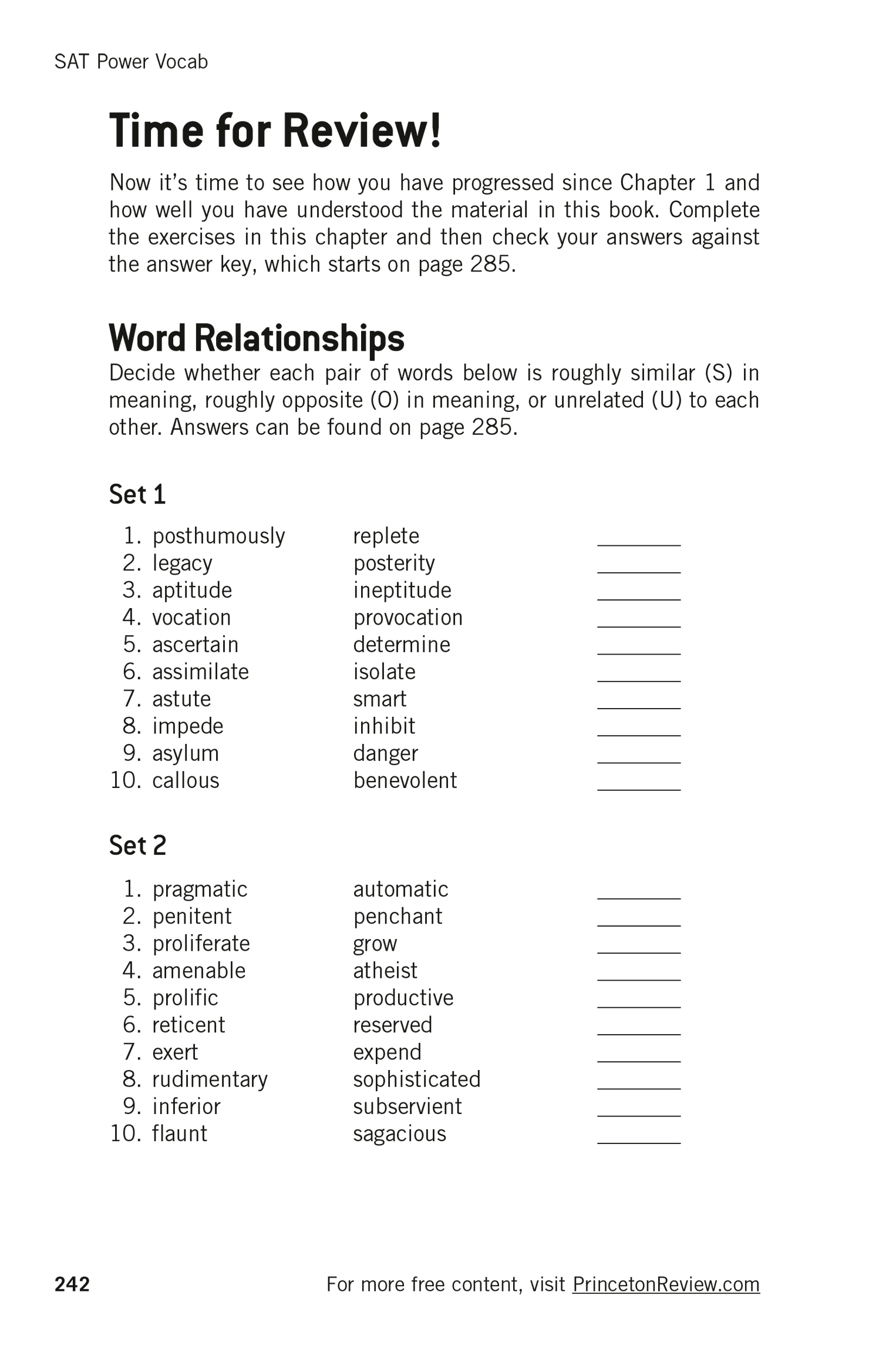 Extended ebook content for SAT Power Vocab, 3rd Edition: Chapter 9 Time for Review