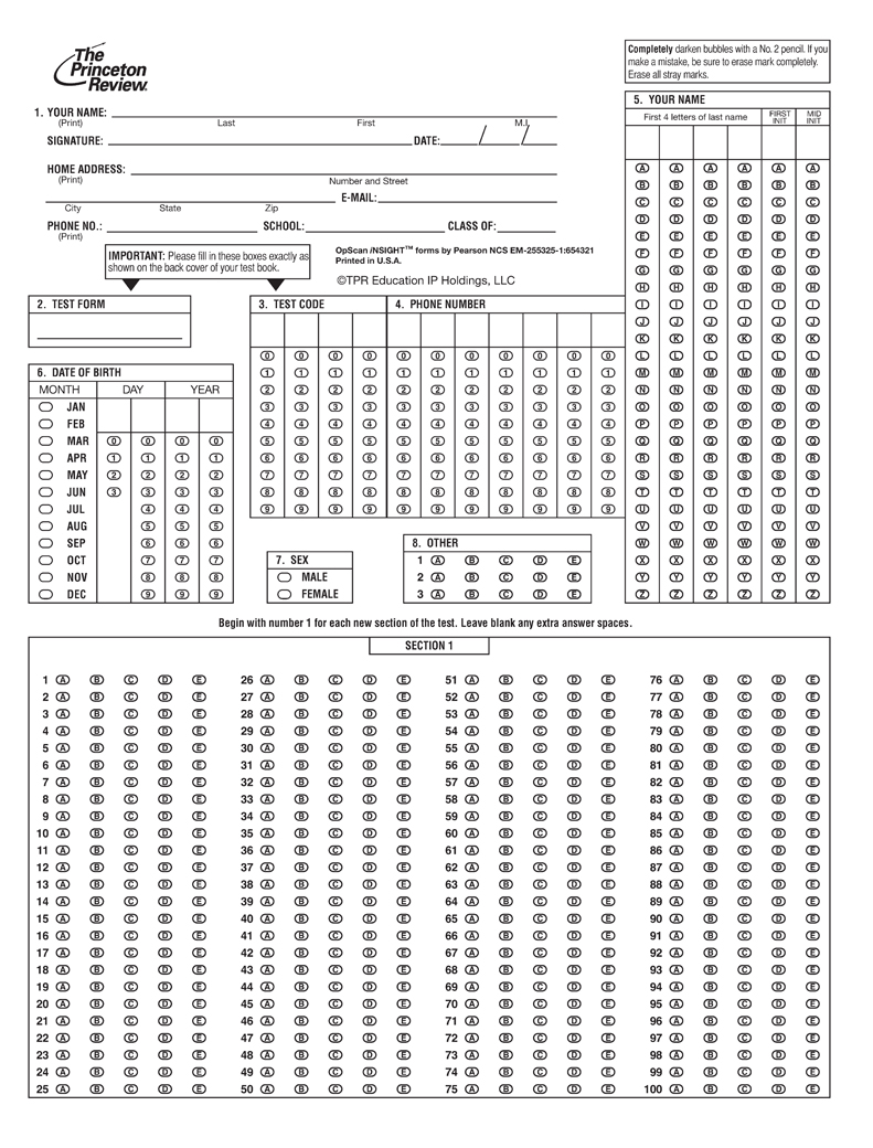 Extended ebook content for Cracking the AP Psychology Exam: Answer Sheets