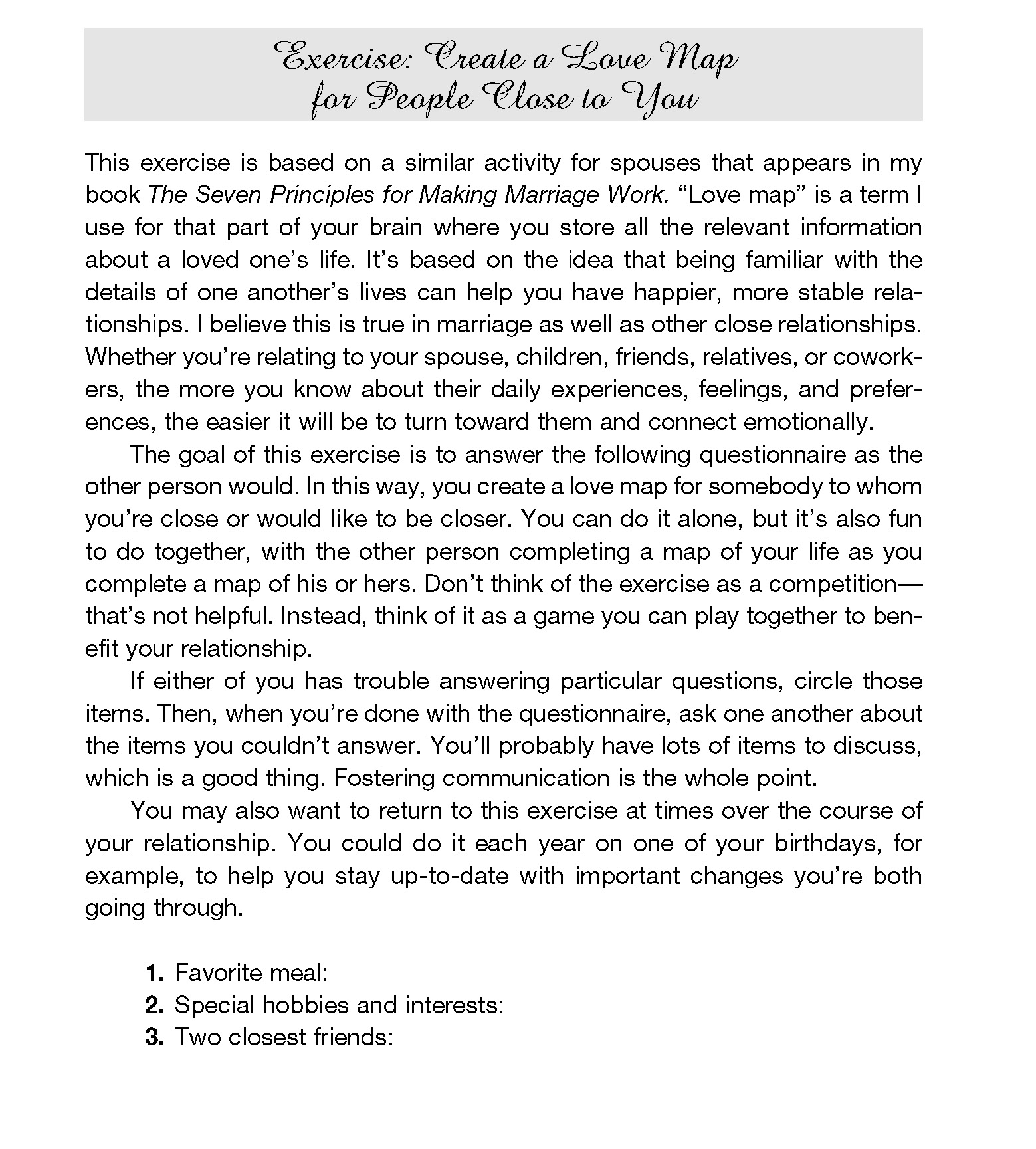 Extended ebook content for The Relationship Cure: Exercise: Create a ...